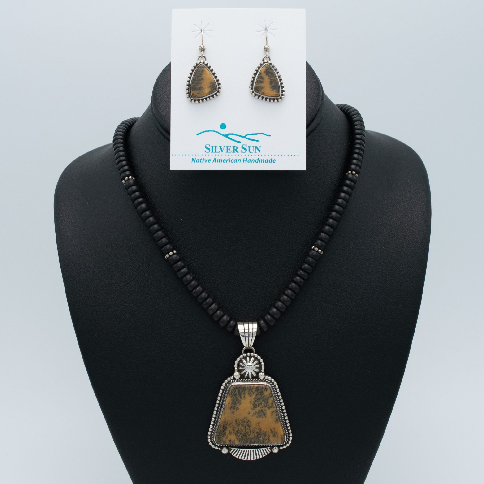 Yellow Dendrite Agate & Black Onyx Jewelry Set | Silver Sun