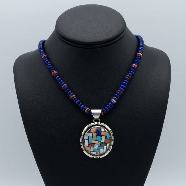 Multi-Stone Bead Necklace & Mosaic Inlay Pendant | Silver Sun