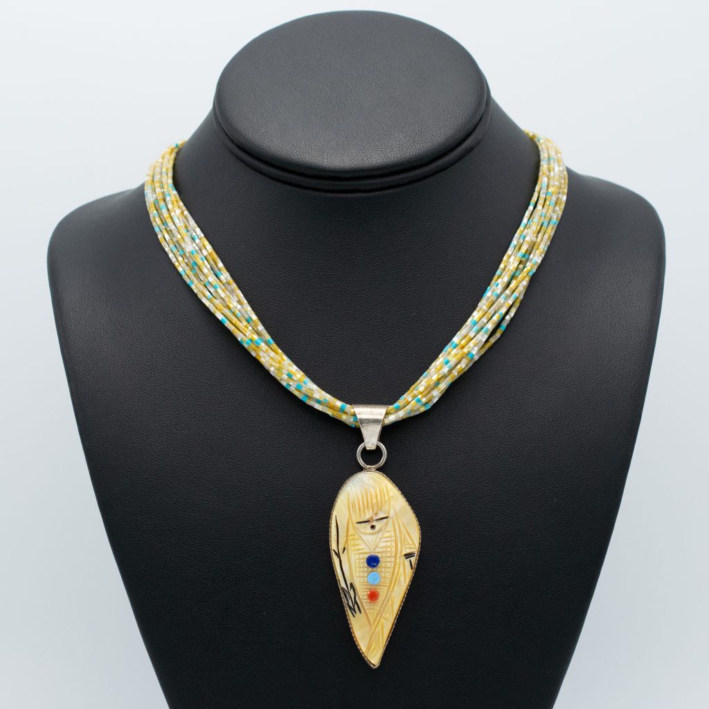 Gold Lip Shell Heishi Necklace with Corn Maiden Pendant | Silver Sun